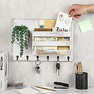 MyGift Wall Mounted White Washed Solid Wood Entryway Key Hooks and Mail Holder Organizer Rack with 6 Hooks and Artificial String of Pearls Decorative Plant