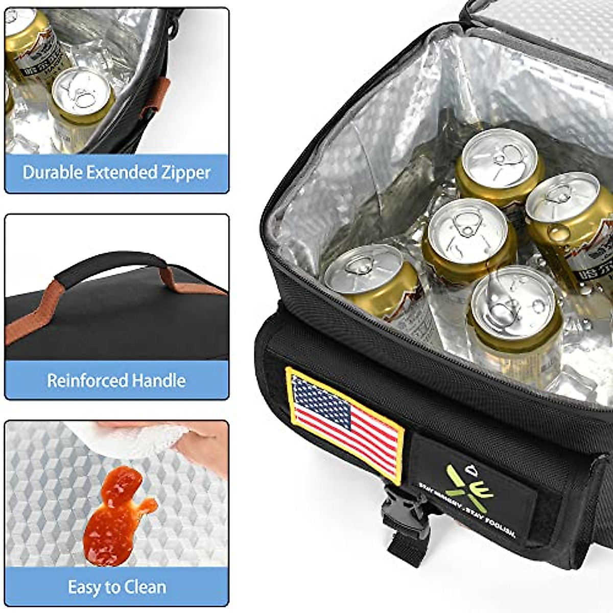 LOKASS Tactical Lunch Box for Men,16L, Double Deck Expandable Insulated Lunch box For Adults/Women Thermal Large Waterproof Leakproof Cooler Bag with Shoulder Strap,Black (Black)