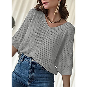 Dokotoo Womens Ladies Summer Fall V Neck 3/4 Short Sleeve Loose Pullover Knit Sweater Tunic Tops and Blouses Solid Color Casual T-Shirts Work Business Loose Shirts Grey Small
