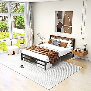 HAHRIR Platform Queen Bed Frame with Rustic Vintage Wood Headboard and Footboard, Mattress Foundation, Strong Metal Slats Support, Noise-Free，No Box Spring Needed，Brown+Black