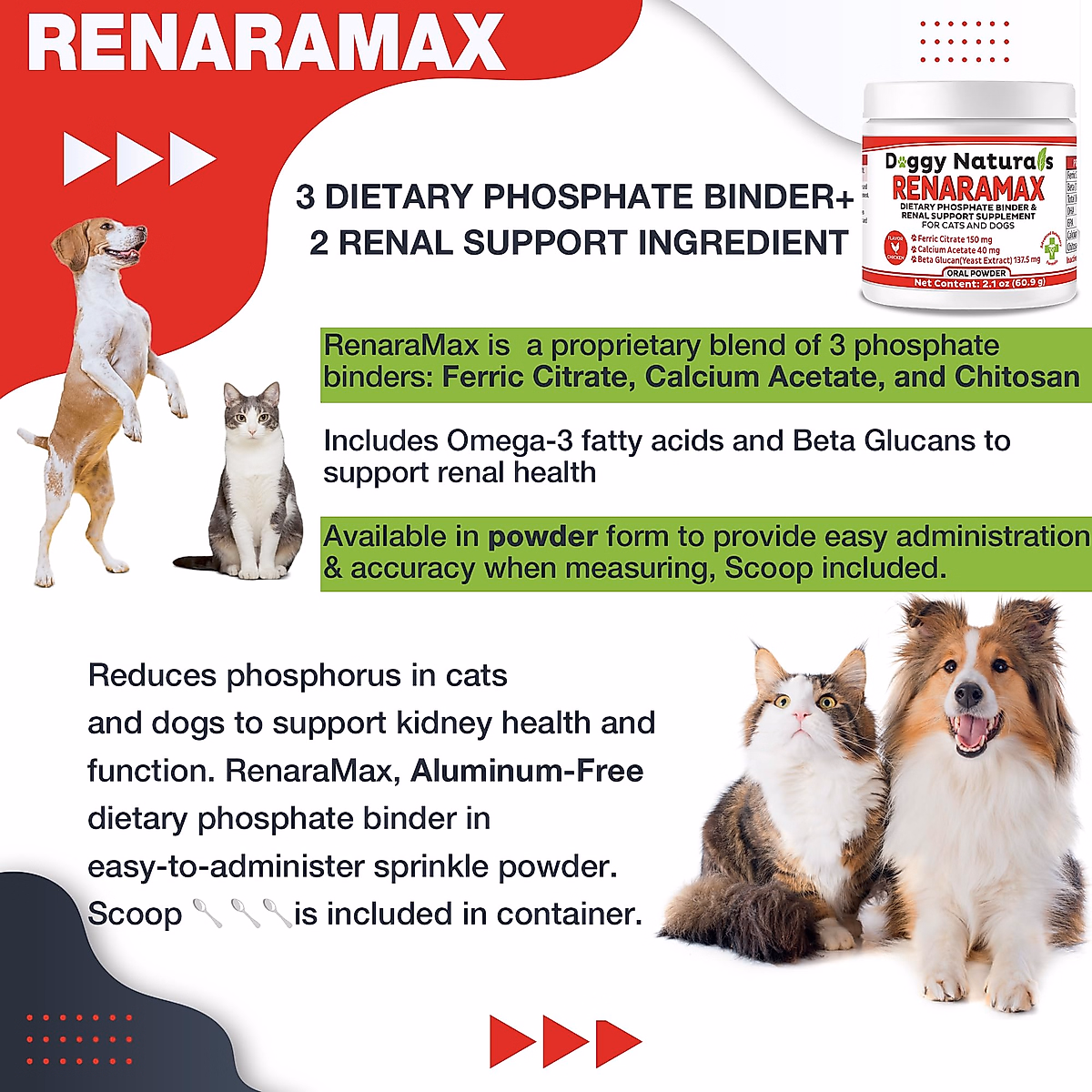 RENARAMAX Dietary Phosphate Binder for Cats & Dogs and Renal Support Supplement Powder for Pets, 120 dose (60.9 g) - (Made in U.S.A)