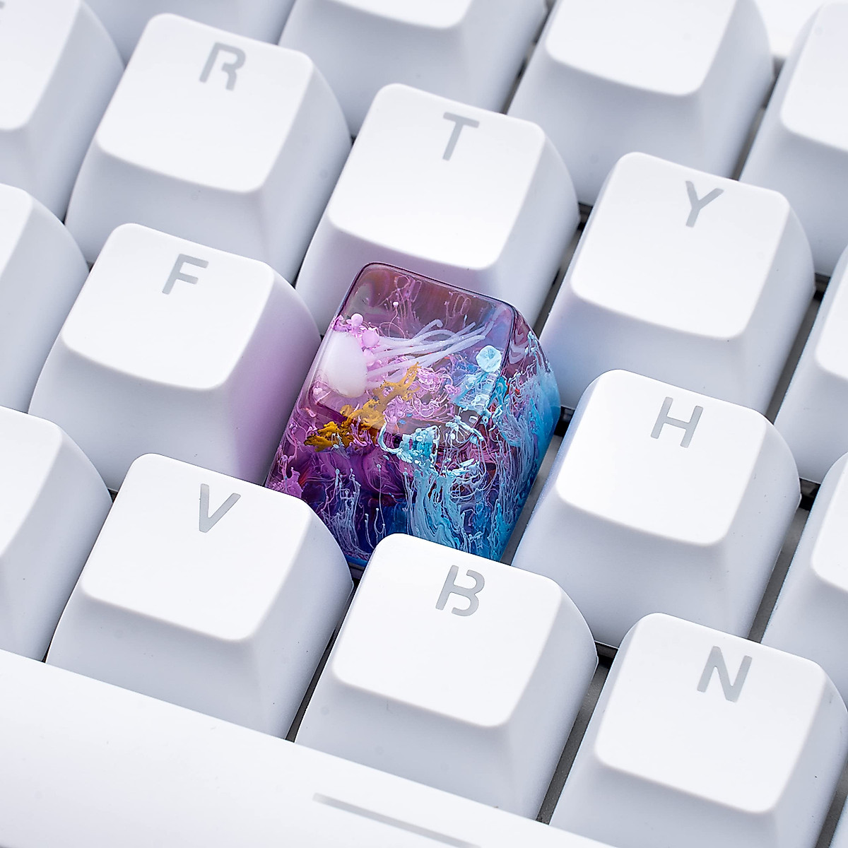 Ocean Key Artisan Keycap for DIY Replacement Handmade Resin Keycap Blue Mixed Purple Jellyfish Keycap for Switch Gaming, Cherry MX Mechanical Keyboards (Blue Mixed Purple)