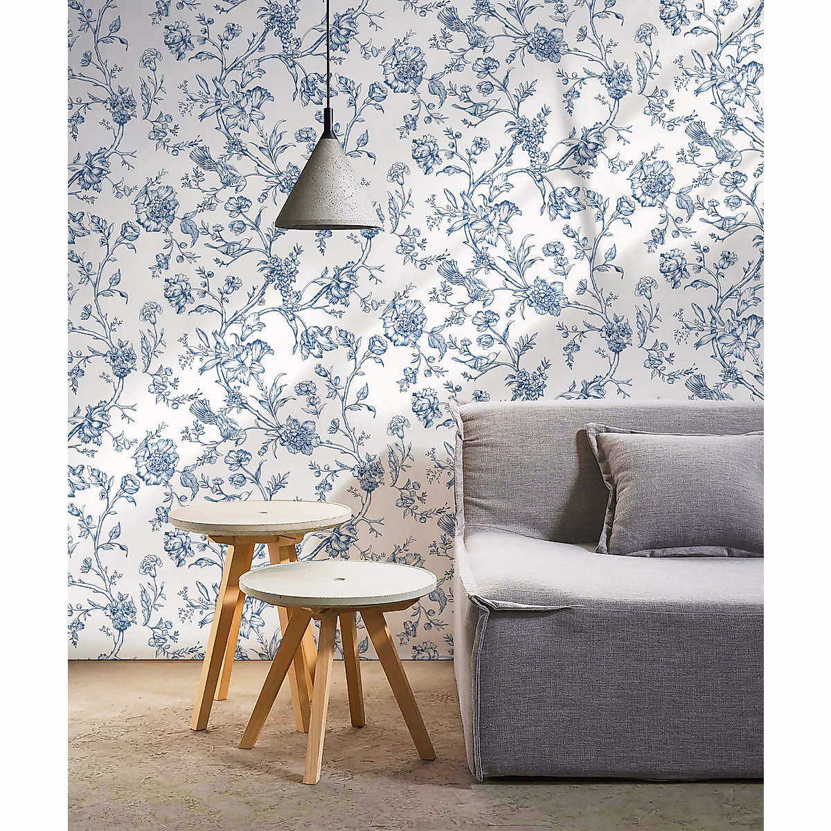 Safiyya Peel and Stick Wallpaper Floral Birds Contact Paper Blue White Wallpaper Peel and Stick Removable Wallpaper Boho Wallpaper Flower Contact Paper for Walls Vinyl Rolls 118"x17.3"