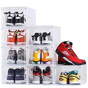 Drop Front Shoe Box,Set of 8 , Stackable Plastic Shoe Box with Clear Door, As Shoe Storage Box and Shoe Containers for Sneaker Display,Clear Shoe organizer and cases with lids， Fit up to US Size 12(13.4”x 9.8”x 7.1”)Clear