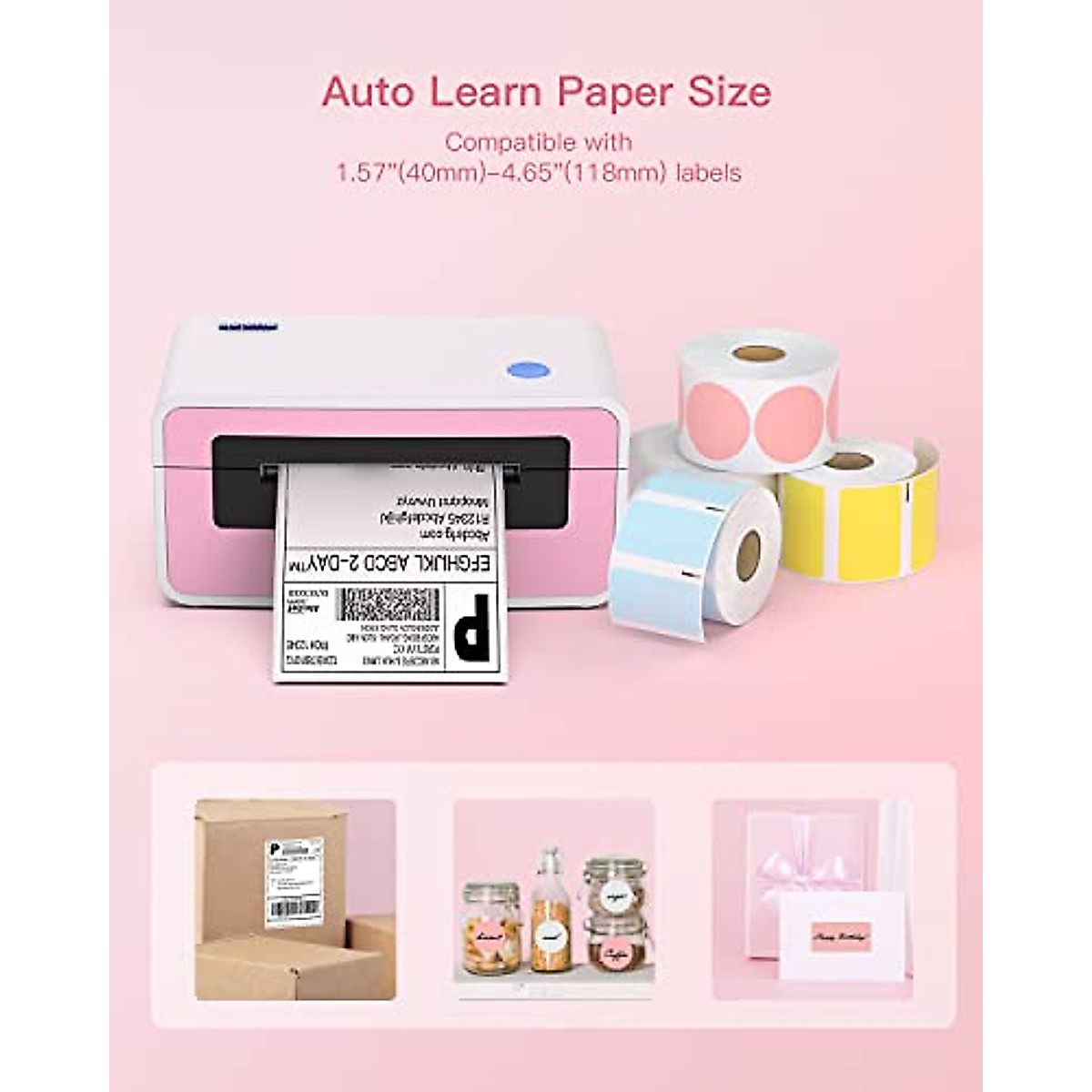 POLONO Shipping Label Printer Pink, 4x6 Thermal Label Printer for Shipping Packages, Commercial Direct Thermal Label Maker, 2" Pink Circle Direct Thermal Labels (750 Labels c