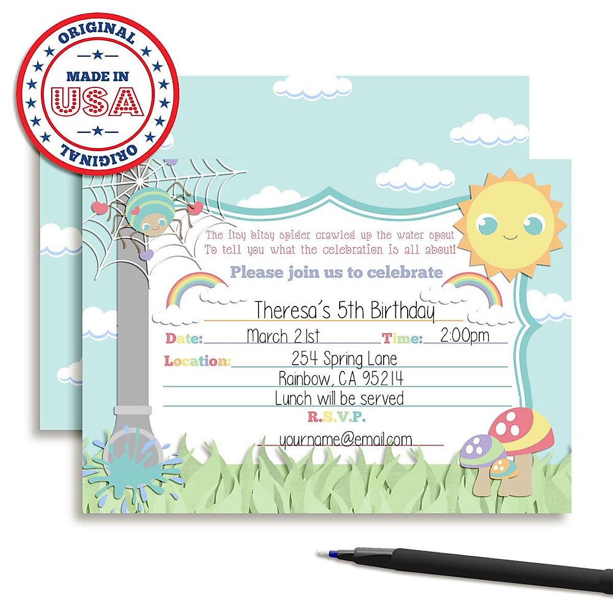 Amanda Creation Itsy Bitsy Spider Themed Birthday Party Fill In Invitations set of 20 with envelopes