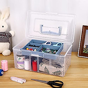 BTSKY 2 Layer Clear Plastic Dividing Storage Box with Removable Tray Multipurpose Stationery Storage Box with Handle Portable Sewing Box Art Craft Supply Organizer Home Utility Box (Big Blue)