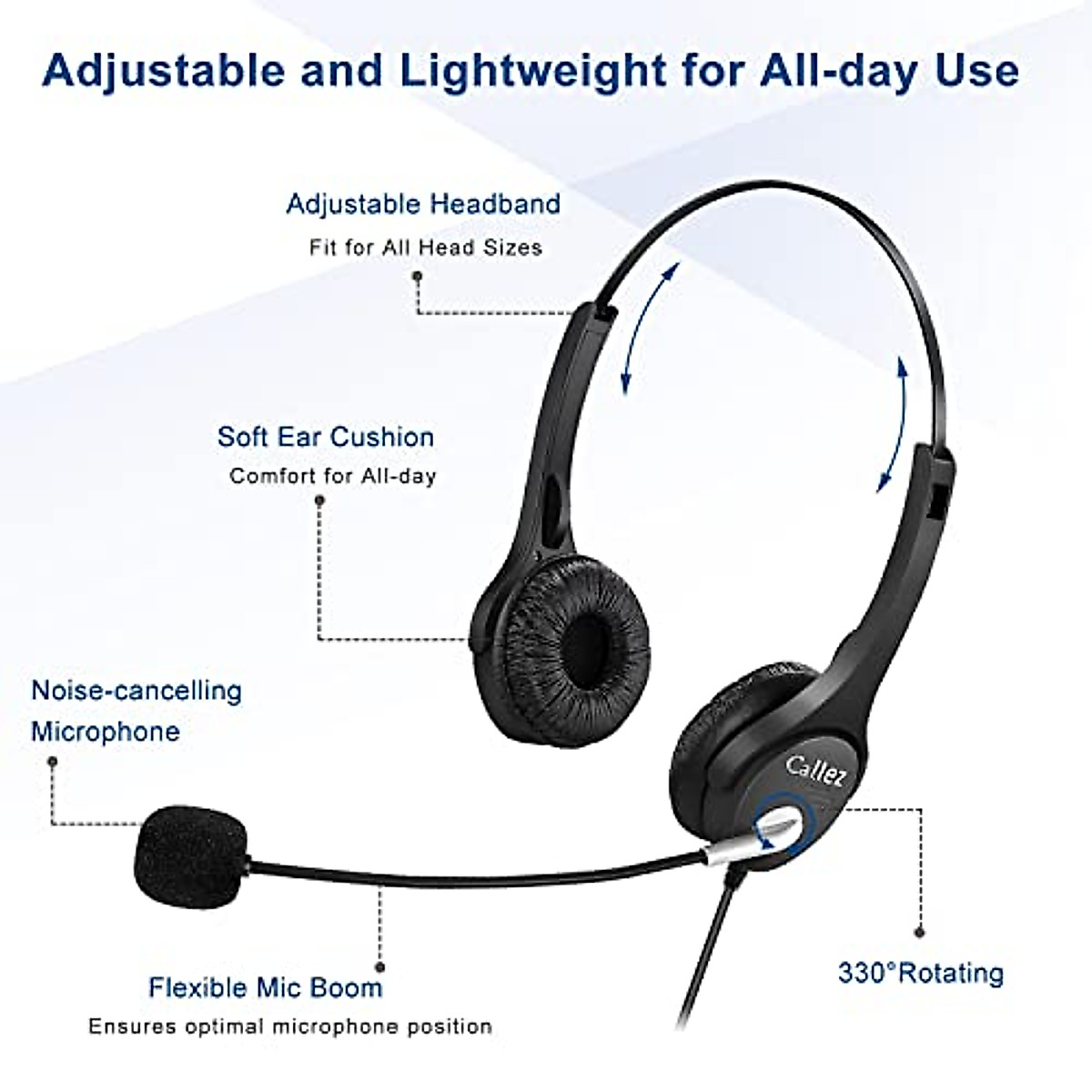 Callez 3.5mm Cell Phone Headset Dual, Corded Computer Headsets with Microphone Noise Canceling for iPhone Samsung Galaxy Huawei LG BlackBerry Laptop PC Tablets Podcast Skype Home Office C402E2