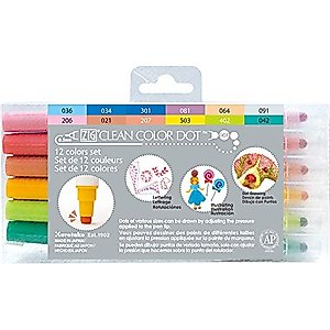 Kuretake CLEAN COLOR DOT Dual tip markers 12 colors set, 0.5mm fine tip and a flexible dot tip, for Journals, Crafts, Illustration, Lettering, Planners, for Adult, Kids, Made in Japan