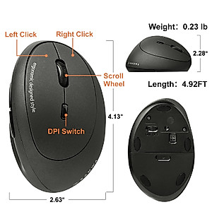 SANWA 2.4G Wireless Ergonomic Mouse, Optical Vertical Ergo Mice for Small Hands, Reduce Wrist Strain, 800/1200/1600 DPI, 5 Buttons, Compatible with MacBook, Laptop, Windows, Mac OS, Black