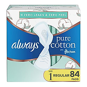 Always Pure Cotton, Feminine Pads For Women, Size 1 Regular Absorbency, Multipack, With Flexfoam, With Wings, Unscented, 28 Count x 3 Packs (84 Count total)