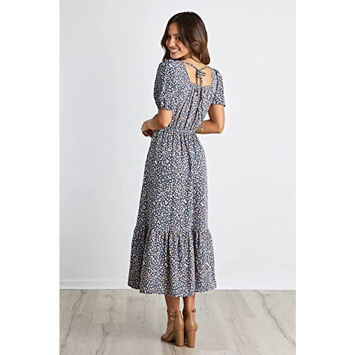 PRETTYGARDEN Women's Bohemian Dress Leopard Tie-Back Square Neck Puff Sleeve Ruffled Hem Summer Maxi Dresses(Blue,X-Large)