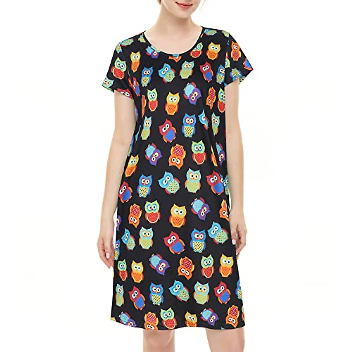 Zando Plus Size Nightgowns for Women Cotton Pajamas Soft Sleep Shirts Short Sleeve Night Gown Cute Girls Nightgowns Printed House Dress Night Shirts for Women Sleepwear Black Owls Large