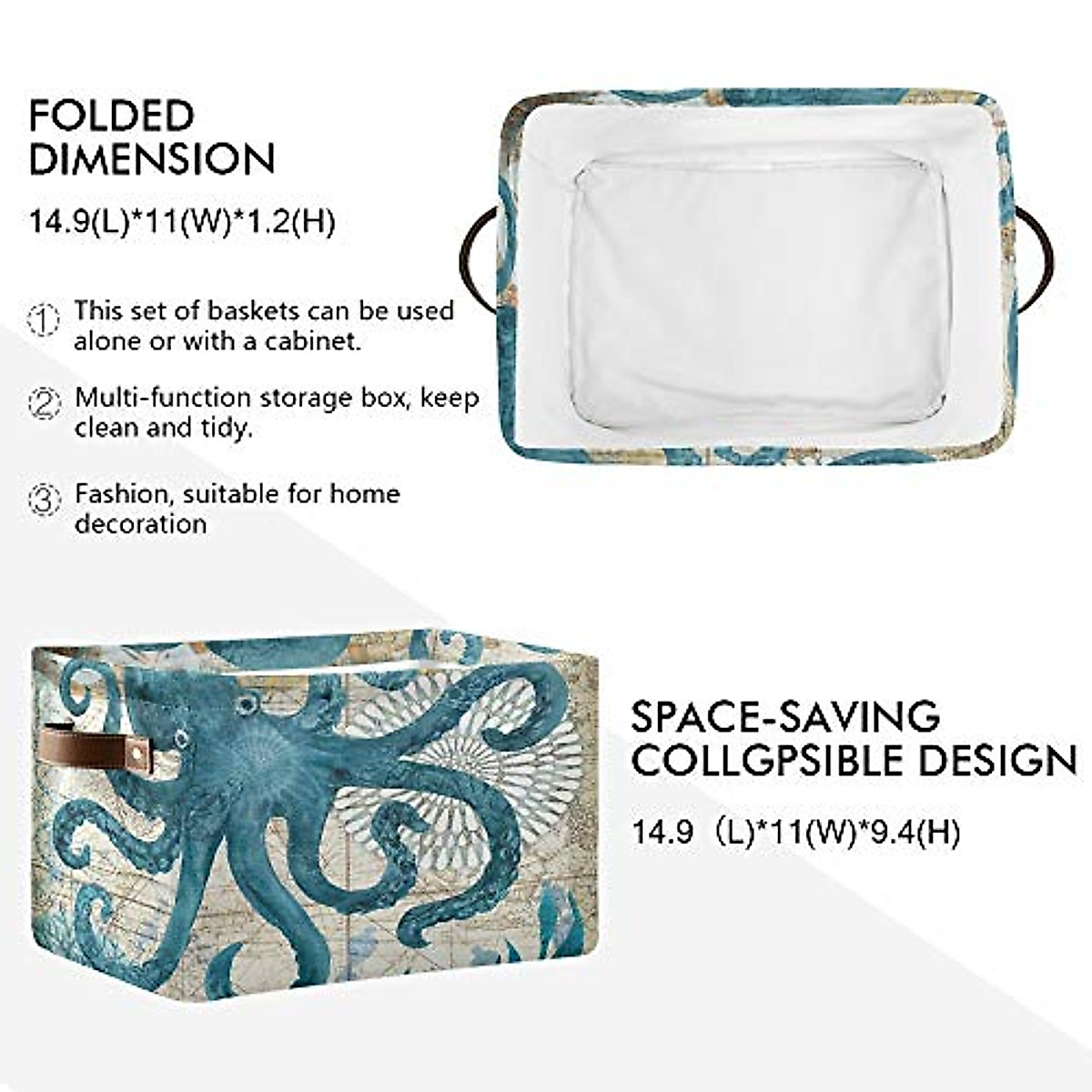 Glaphy Octopus Nautical Old Map Storage Basket Bin Foldable Nursery Toy Basket with Handles for Home Office Bedroom（Rectangular）