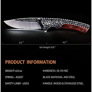Vividstill Pocket Knife, Spring Assisted Folding Knife With 3D Retro Embossed Pattern, Great Gift EDC Knife For Men Outdoor Camping Hunting Knife