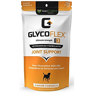 VETRISCIENCE Glycoflex 3 Clinically Proven Hip And Joint Supplement With Glucosamine For Dogs, 120 Chews - Vet Recommended Mobility Support Supplement With DMG, MSM, And Perna