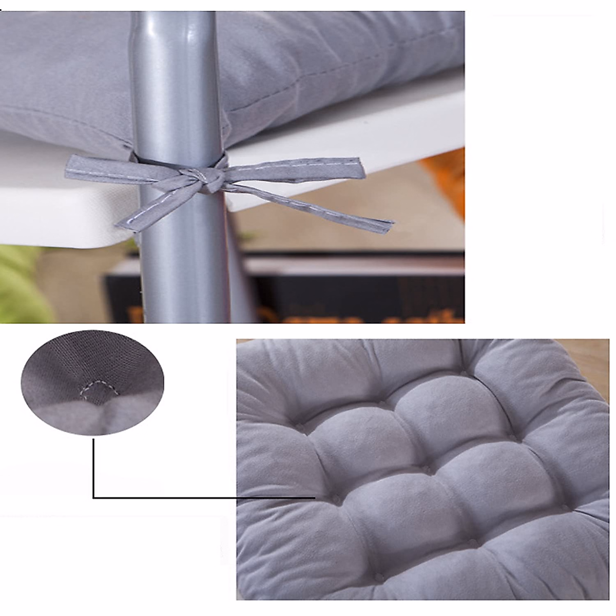 WanJing Chair Pad Square Office Chair Seat Cushion with Ties,Set of 2/4 Chair Cushion 15.7''x15.7''x2.4'' Washable Chair Mat for Kitchen Dining Office Chair-2 Piece-Gray