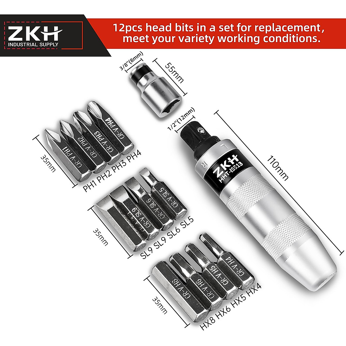 ZKH 1/2" CR-V Hand Impact Screwdriver, Manual Reversible Impact Driver Includes 12-Piece Slotted, Phillips, Hexagonal Bit Set, Disengage Rusted Fasteners or Frozen Bolts, Ideal Hand Tool for Men, Dad