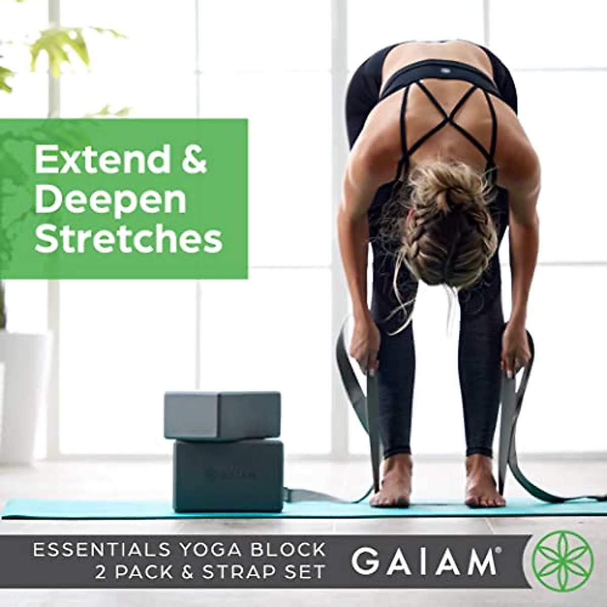 Gaiam Essentials Yoga Block 2 Pack & Yoga Strap Set, Deep Purple, 9" W x 6" H x 4" D