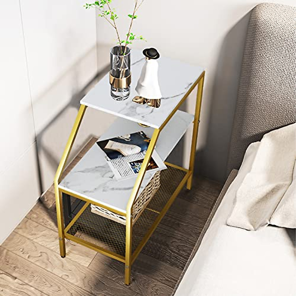Wolawu End Table 3 Tiers White Marble Wood Nightstand with Storage Ladder Shelf Sofa Side Table for Small Space Modern Trapezoid Furniture Plant Stand in Living Room Bedroom Gold