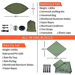 NewDoar Camping Hammock with Mosquito Net and Rain Fly Tarp,Portable Single Nylon Parachute Hammock Rainfly Set,Tree Straps Swing Hammock Bed for Outdoor Backpacking Backyard Hiking(ArmyGreen)