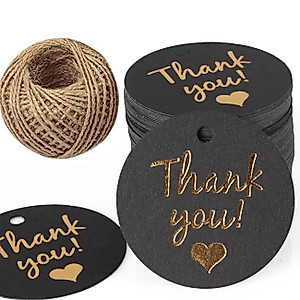 Thank You Tags,100pcs Black Round Paper Gift Wrap Hang Tags with 100 Feet Jute String for Wedding Baby Shower Birthday Party Favors