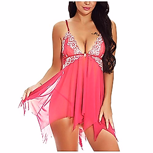 Aniywn Women's Sexy Lace Lingerie Front Closure Babydoll V Neck Mesh Lingerie Nightwear Sexy Chemise Sleepwear Watermelon Red