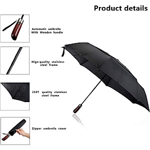 Nothers Travel Umbrella 54Inch, Windproof Umbrella,Rain Umbrellas，Large Umbrella,Strong and Portable，Golf 210T Vented for Men and Women，Wooden Handle by Pattecor(Black)