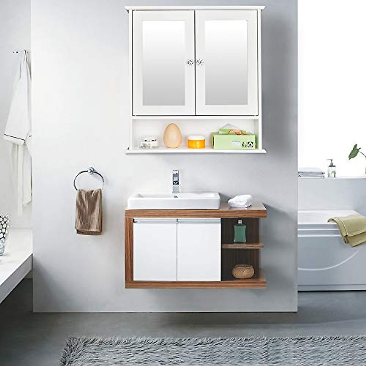 FCH Bathroom Wall Cabinet with Mirrors Multipurpose Storage Organizer with Double Doors Over Toilet
