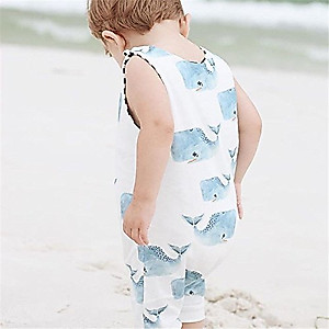 Pudcoco Toddler Baby Boy Girl Romper Summer Clothes Sleeveless Cartoon Animals Print Cropped Jumpsuit Bodysuit (12-18 Months,White Whales)