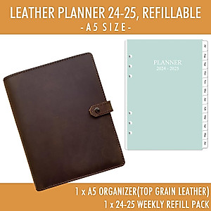 2024-2025 Leather Planner - A5 Genuine Leather Binder Planner with Weekly & Monthly Pages for Men and Women, Inner Pockets and Pen Holder, Refillable