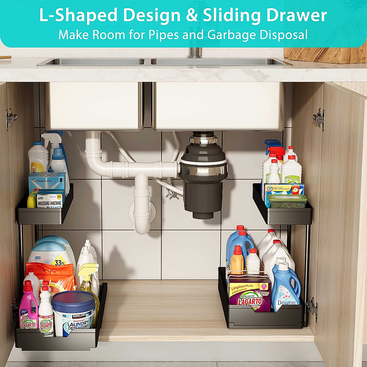 Under Sink Organizers and Storage 2 Packs, 2 Tier Pull Out Cabinet Organizer L-shaped, Sliding Under Bathroom Kitchen Sink Shelf, Multi-Purpose Organization and Storage for Bathroom Kitchen Cabinet