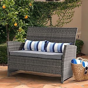 SUNSITT Outdoor Wicker Loveseat with Cushions, 2 Seats Patio PE Rattan Sofa with Lumbar Pillows, Grey Wicker & Grey Cushions, Porch, Backyard, Garden, Pool, Steel Frame