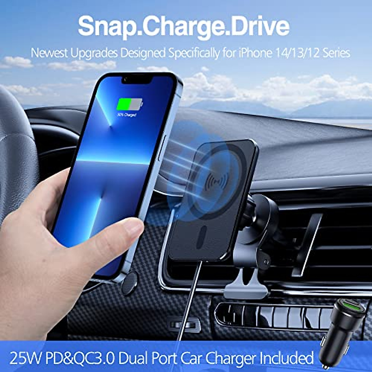 MagSafe Car Mount Charger, Magnetic Wireless Car Charger, MagSafe Car Charger, Air Vent Magnetic Car Mount Phone Holder Charger Compatible with MagSafe iPhone 14 13 12 Series, with 25W PD Car Charger