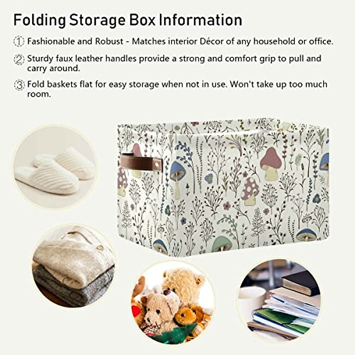 ZOEO Large Storage Basket, Mushroom Plant Flower Foldable Storages Box Organizer Bins with Leather Handles for Shelves Closet Bedroom, Theme Party