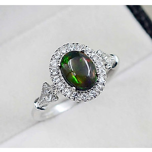 Gemstone 925 Solid Silver 9X7 MM Natural Black Opal Oval October Birthstone Solitaire Unisex Ring For Wedding Gift (Rhodium Plated Silver, 6)