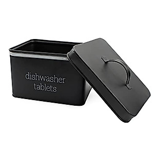 AuldHome Black Dishwasher Pod Holder, Tablet Container; Enamelware Kitchen Storage Tin with Lid