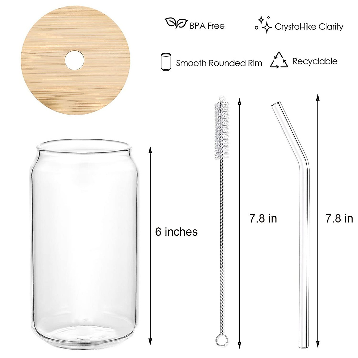 Sohapy Drinking Glasses 4pcs Set, Can Shaped Cups with Bamboo Lids and Glass Straw, 16oz Beer Glasses, Tumbler Cup, Wine Whiskey Cups Iced Coffee Glasses, Ideal for Cocktail, Gift - 2 Cleaning (4)
