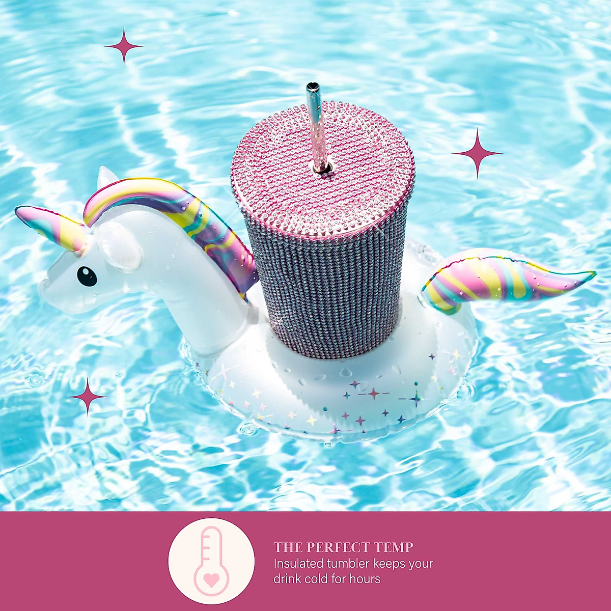 Paris Hilton Diamond Bling Water Tumbler With Lid And Straw, Vacuum Insulated Stainless Steel, Bedazzled With Over 3700 Rhinestones, 16.9-Ounce, Pink