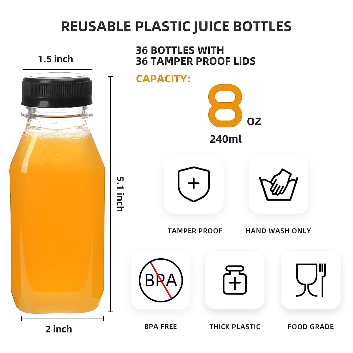 OAMCEG 36 PCS Juice Bottles with Caps, 8 oz Small Bottles for Liquids, Plastic Containers with Lids, Clear Juicing Bottles Reusable, Mini Fridge Bottles for Juicing, Smoothie, Drinking, Beverages