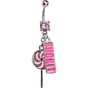 14G Belly Ring Pink CZ Gem 316L Surgical Steel Suck It Dangle Belly Button Rings Pink Lollipop Dangle Sexy Letters Belly Piercings Jewelry 7/16" (11mm)