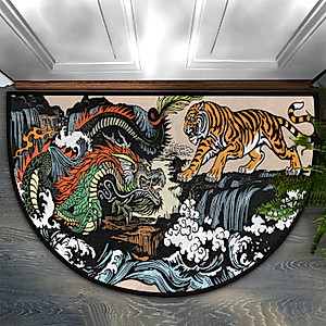 Nichpedr Welcome Half Round Door Mat Chinese Painting Animal Dragon Tiger Ocean Entrance Way Rugs Doormats Soft Non-Slip Washable Bath Rugs Floor Mats for Home Bathroom Indoor Outdoor 18x30 Inch