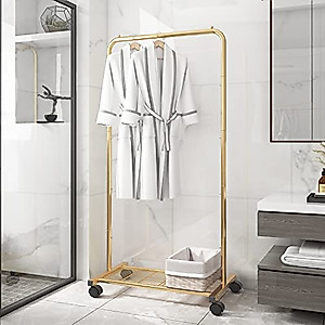 Simple Trending Standard Clothes Garment Rack, Clothing Rolling Rack with Mesh Storage Shelf on Wheels, Golden Yellow