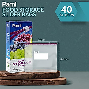 PAMI Food Storage Slider Gallon Bags [40 Pieces] - Leakproof Freshness-Lock Bags With Expandable Bottom- Food-Safe Slider Zipper Bags With Write On Label- Thick & Reusable Sandwich Bags