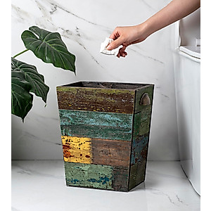 TIMRIS Small Wood Trash Can Wastebasket, Farmhouse Rectangular Garbage Can Waste Basket, Rustic Distressed Boho Wooden Trash Recycling Bin with Metal Handles, Reclaimed Wood Storage Basket (Random)