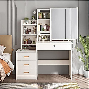 Vanity Set with Lighted Mirror,with Drawers Cabinet Storage Shelves&Cushioned Stool,3 Lighting Modes Adjustable Makeup Vanity Desk Brightness，makeup table Cabinet (80*38*131cm, Warm white)