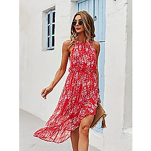 ECOWISH Womens Casual Halter Dress High Low Sleeveless Floral Long Maxi Chiffon Sundress 169 Red Medium