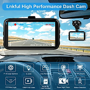 Dash Cam Front, Lnkful Dash Camera for Cars with 64GB SD Card, 1080P FHD Car Dashboard Camera Recorder with 3'' IPS Screen, Night Vision, 170° Wide Angle, Loop Recoding, G-Sensor, Parking Monitor
