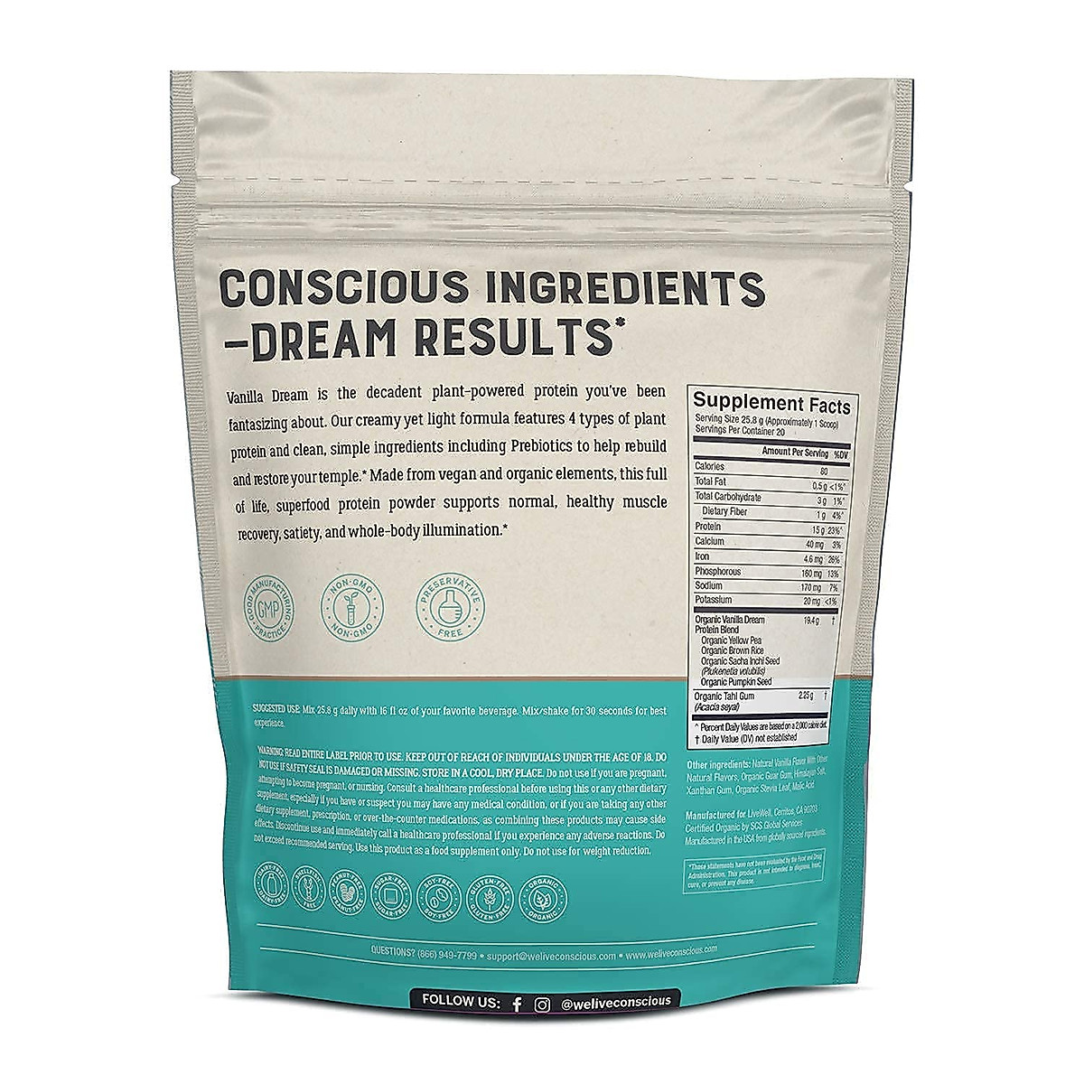 Live Conscious Beyond Greens Concentrated Superfood Powder & Organic Pea Protein Powder - Vanilla Dream Flavor | Immune System Boost & Gut Health + Metabolism & Muscle Support