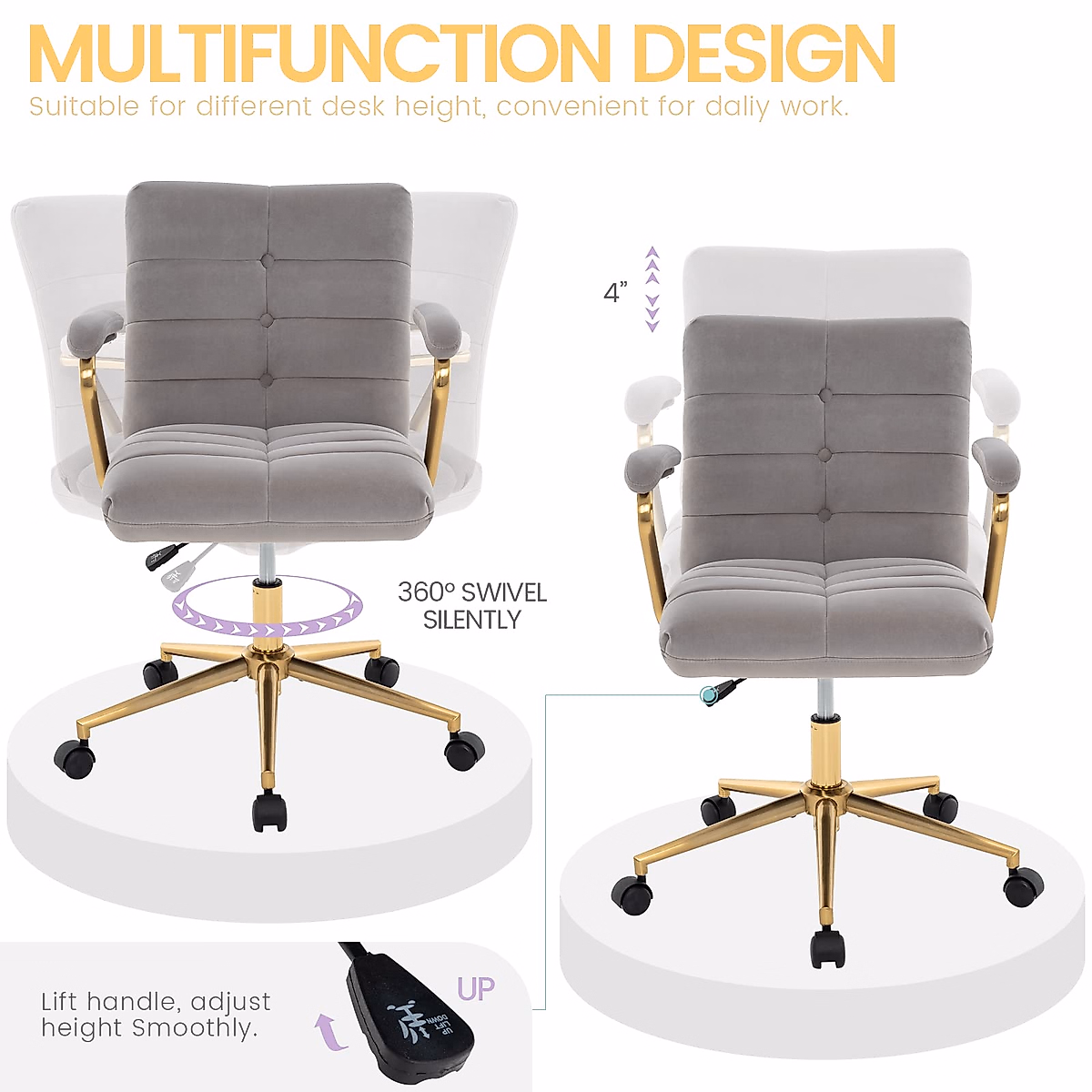 MFD LIVING Velvet Home Office Desk Chair, Upholstered Adjustable Swivel Task Chair with Wheels, Tufted Mid-Back Computer Chair with Arms, for Study Living Room Vanity (Grey, Gold Base)